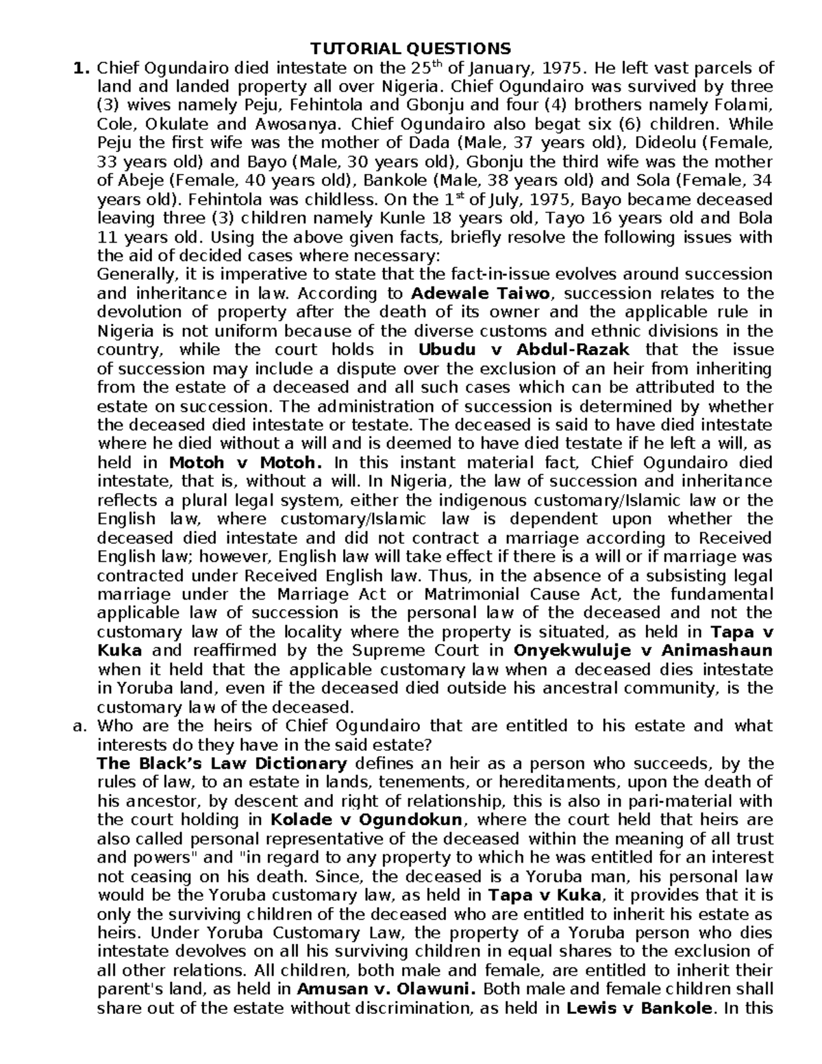 LAND LAW TUTORIAL QUESTIONS: INHERITANCE & SUCCESSION ISSUES - Studocu