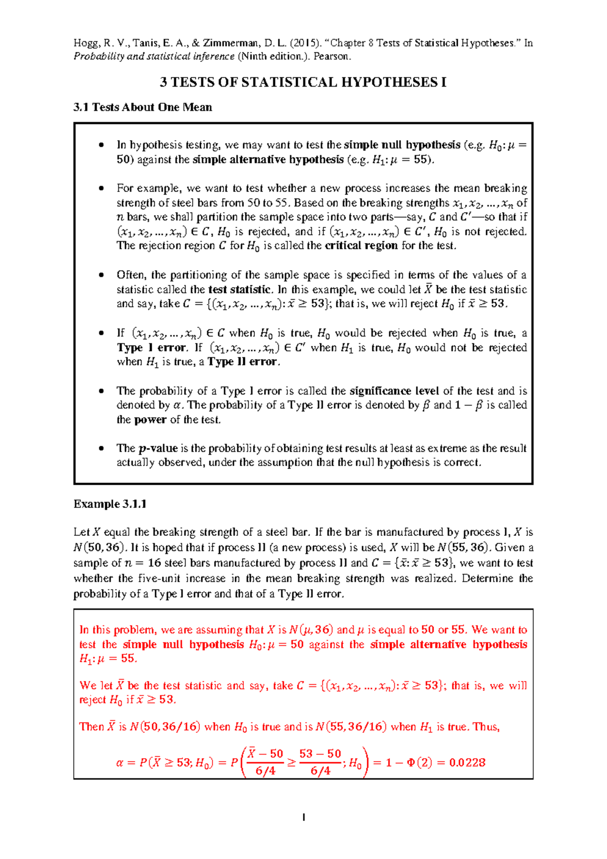 3 Statistical Hypothesis Tests I: Understanding One Mean's Impact - Studocu