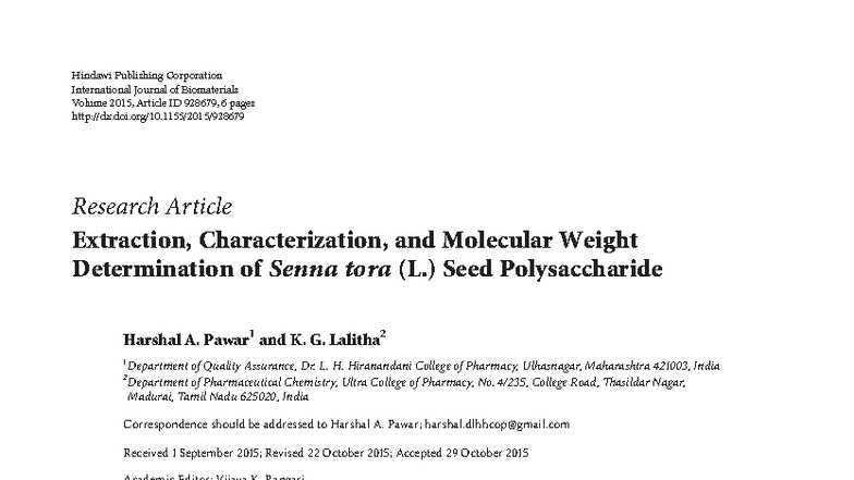 Extraction and Characterization of Senna tora Polysaccharide (2015 ...