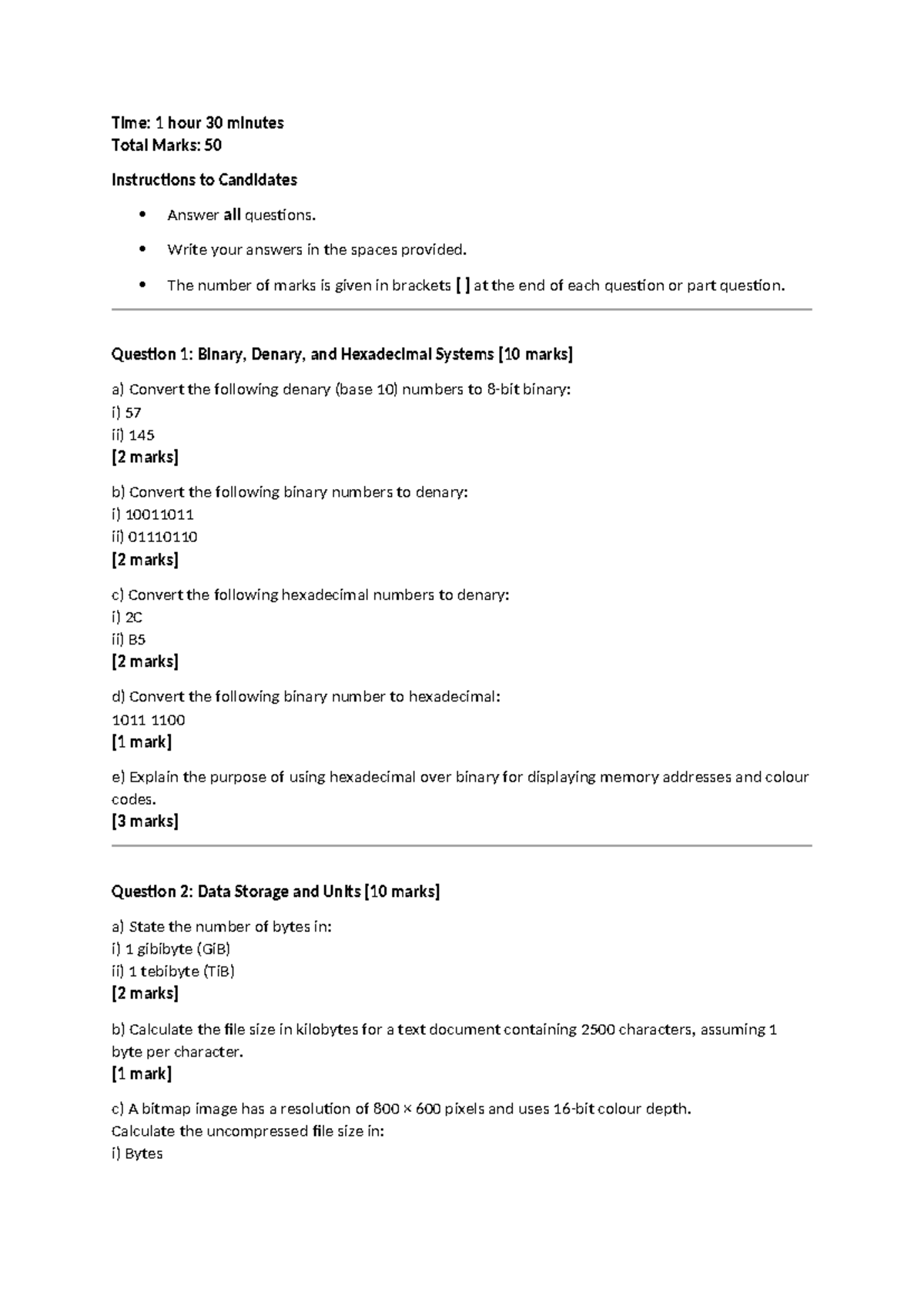 Form 3 Comp Scie Exam 2: Binary, Data Storage & Networks - Studocu