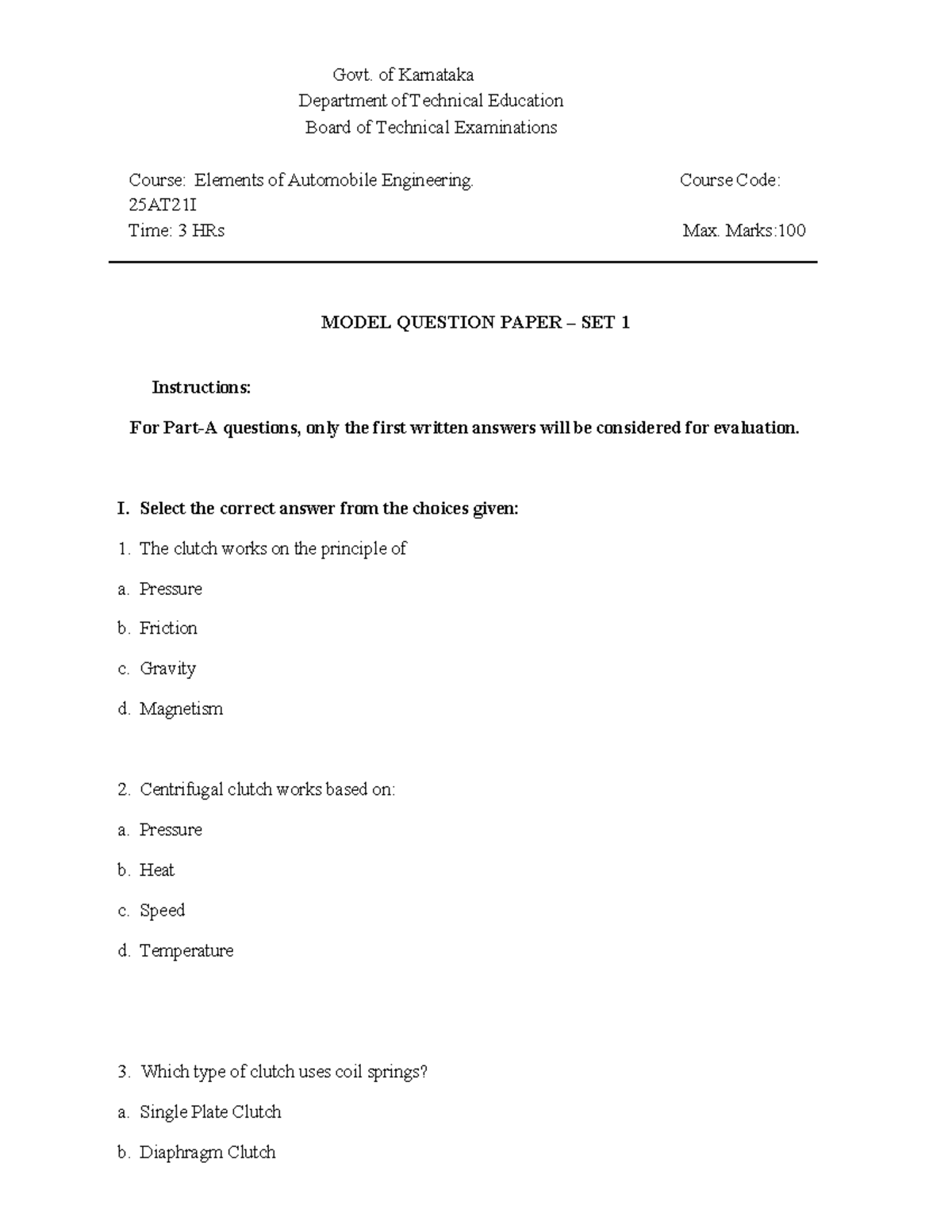 Elements of Automobile Engineering Model Question Paper Set 1 & 2 ...