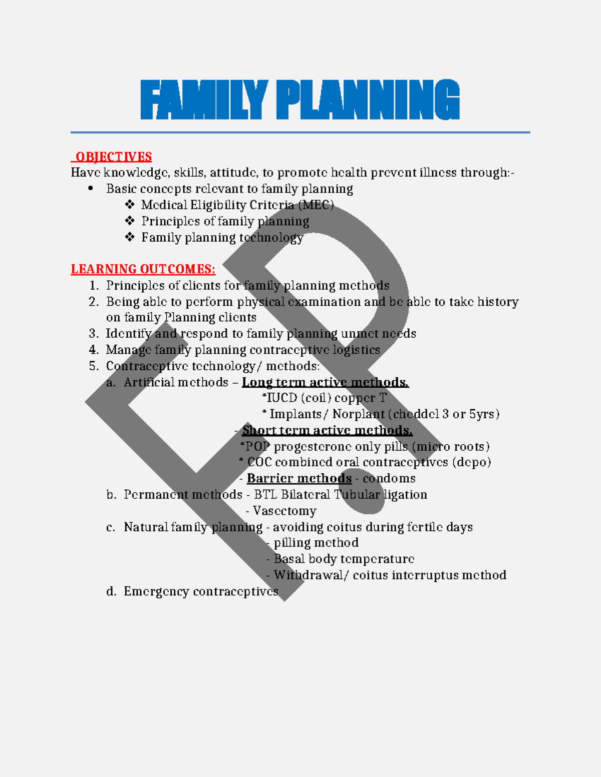 Family Planning - Comprehensive Study Notes (FP 101) - Studocu