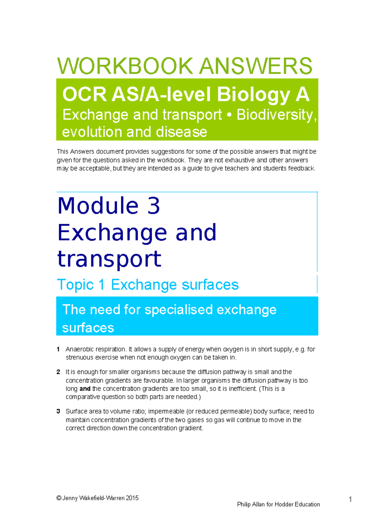 OCR Biology A Workbook Answers: Exchange and Transport Module - Studocu