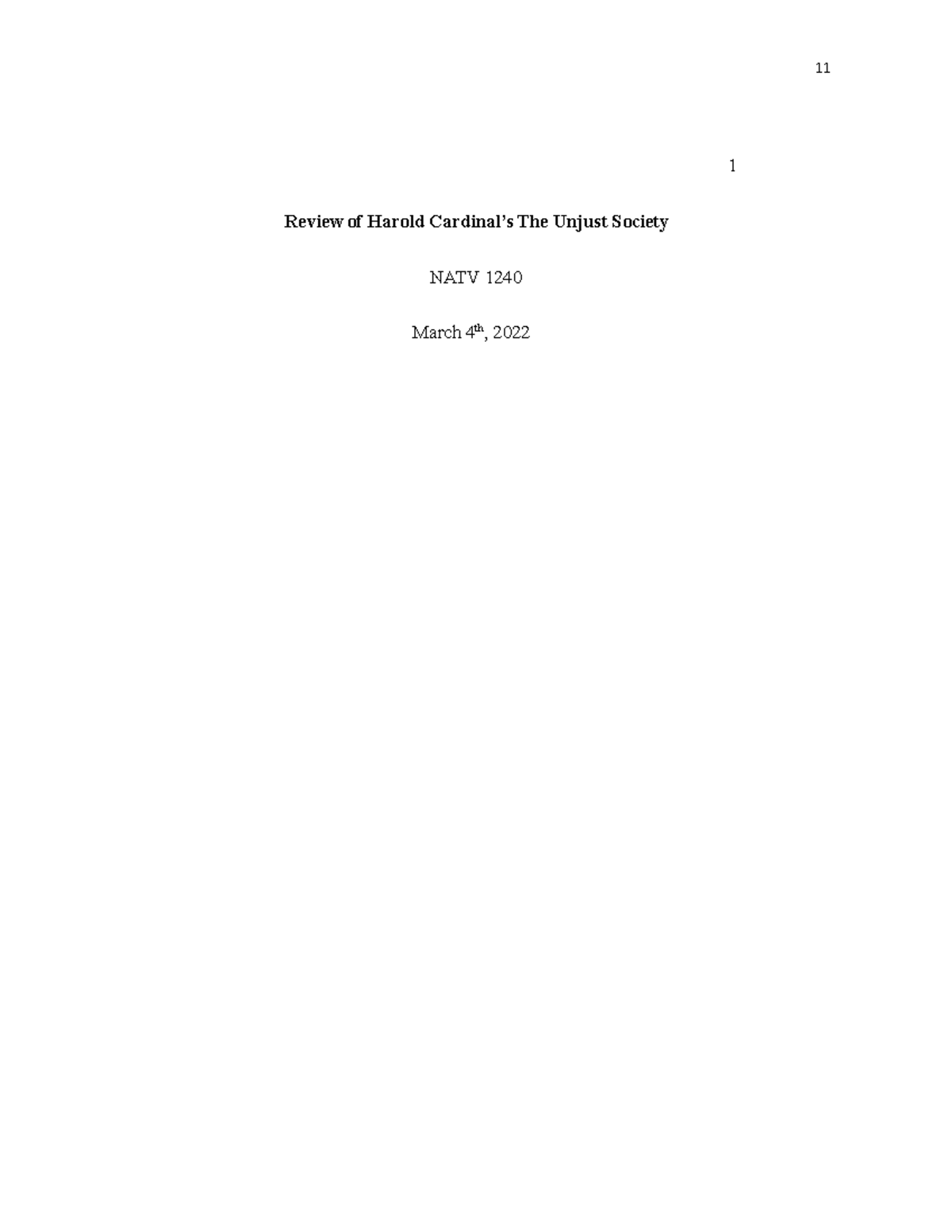 NATV 1240: Review of Harold Cardinal's "The Unjust Society" Essay - Studocu