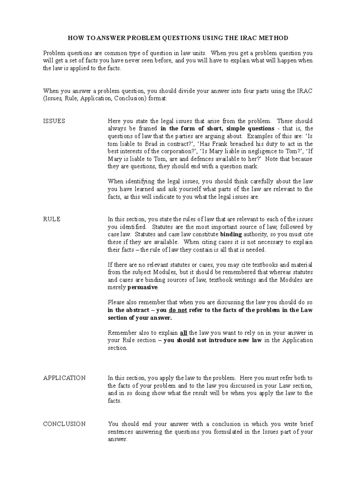 Irac Model Answer Irac Sample How To Answer Problem Questions