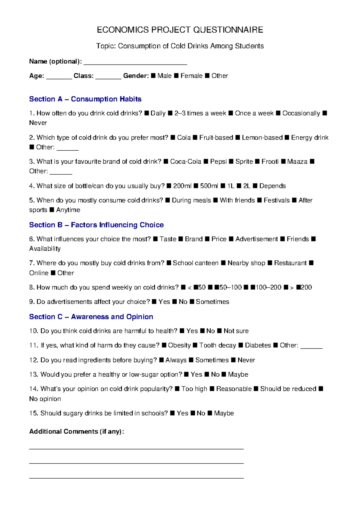 ECON 101 Cold Drinks Consumption Questionnaire Final Project - Studocu