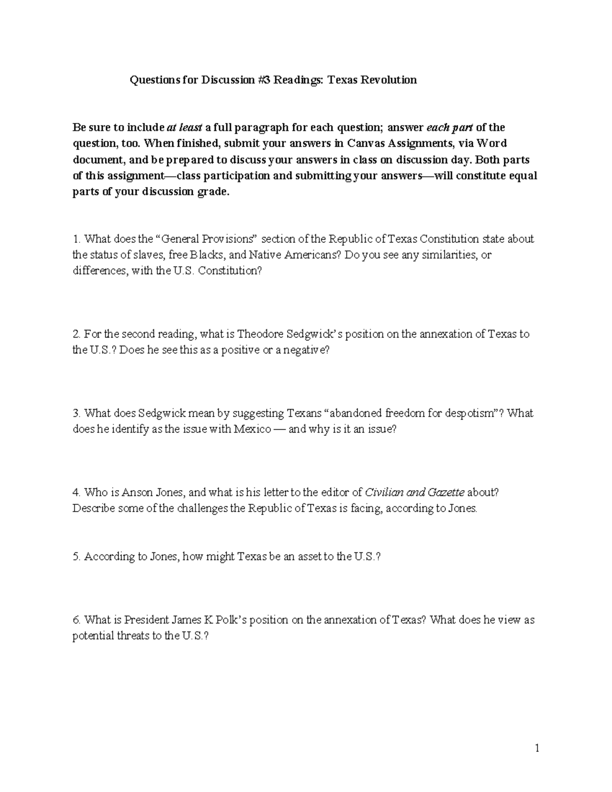 1301 Discussion #3: Texas Revolution Reading Questions - Studocu