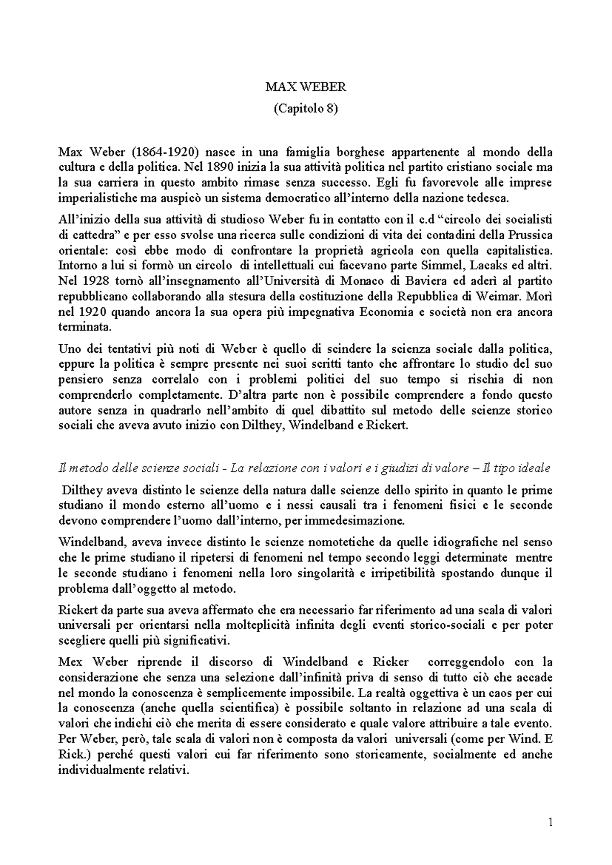 MAX WEBER: Riflessioni e Metodologie (Capitolo 8) - Studocu
