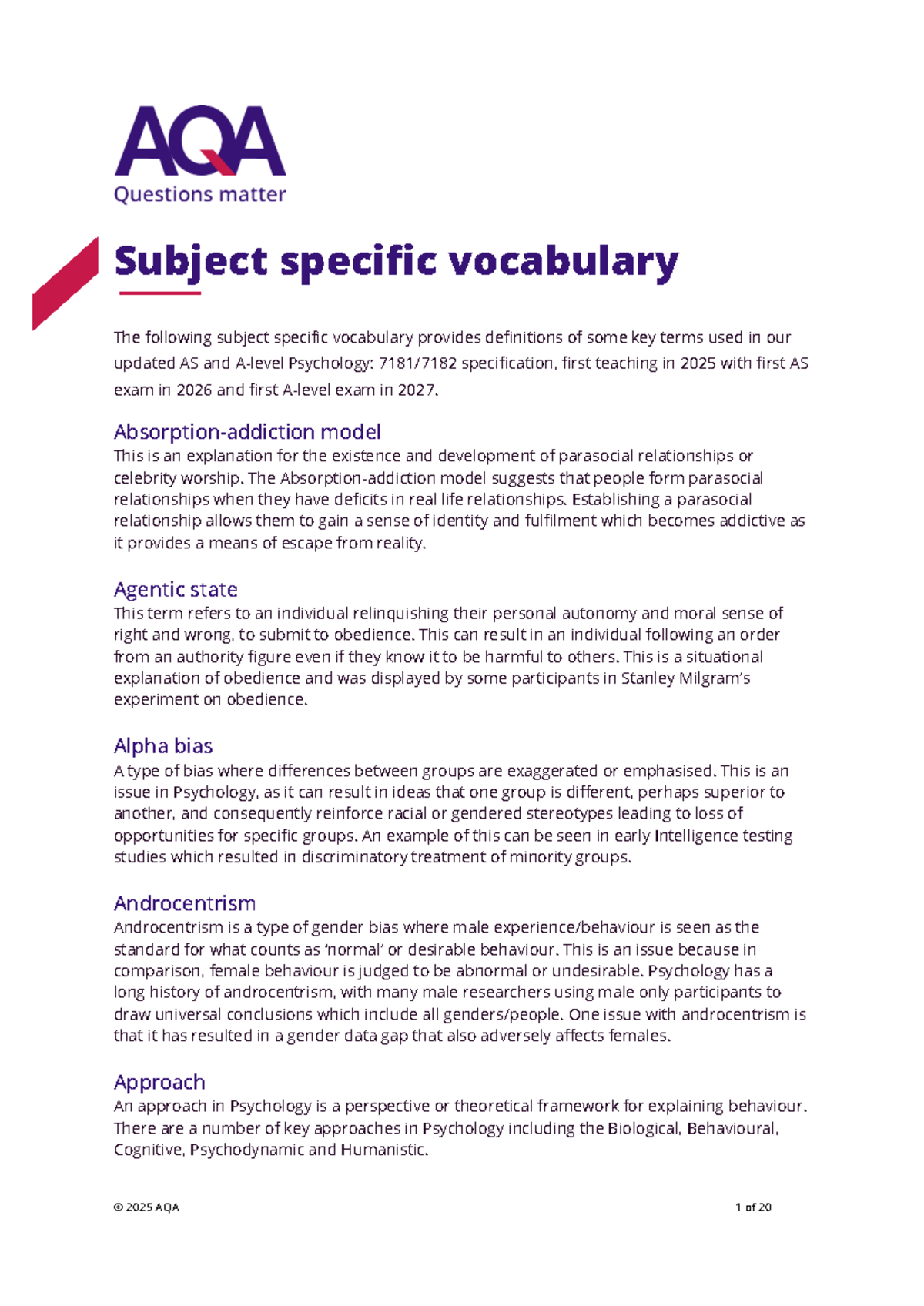 AS Psychology Key Vocabulary Glossary (2025 AQA) - Studocu