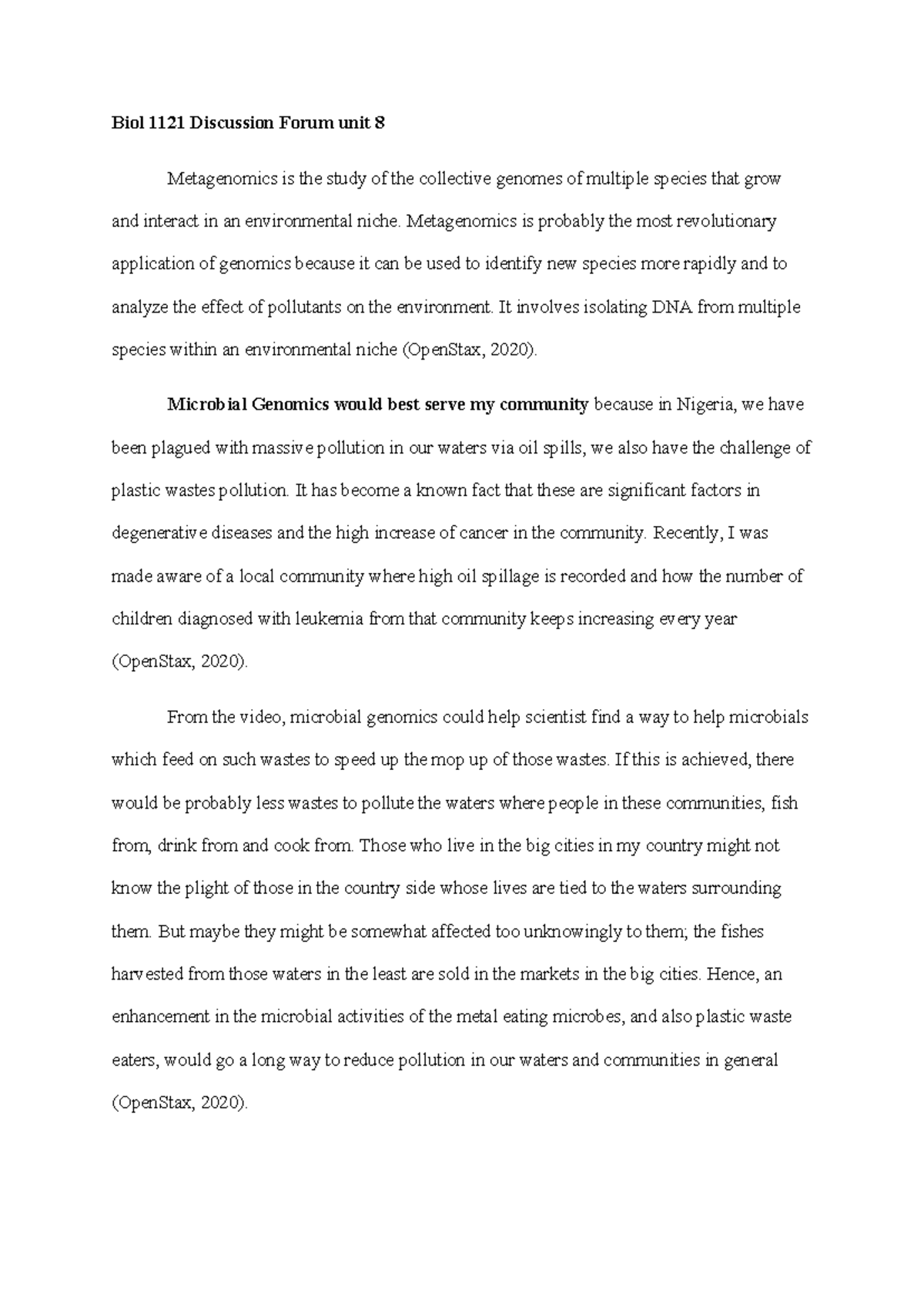 Biol 1121 Discussion Forum unit 8 - Biol 1121 Discussion Forum unit 8 ...