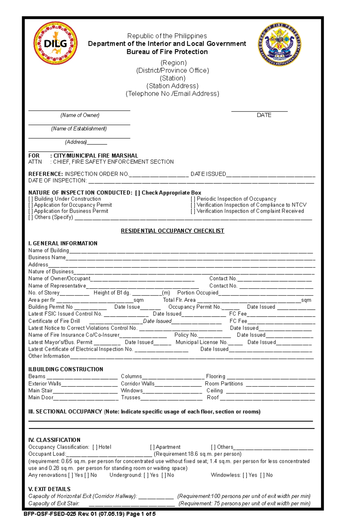 FSED 025 Residential Occupancy Checklist for Fire Safety Inspections ...