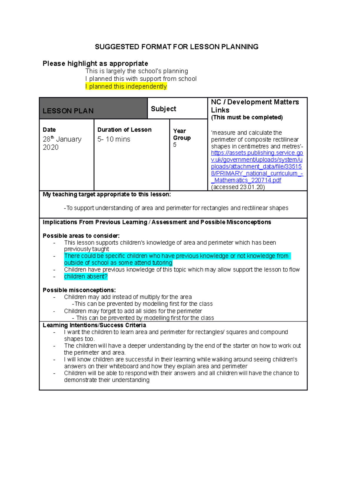 Area and Perimeter Lesson Plan for Year 5 (Lesson Plan) - Studocu