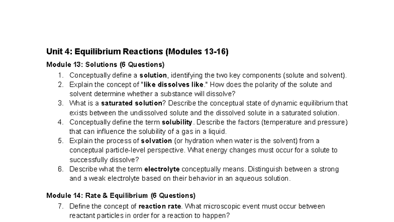 Unit 4: Equilibrium Reactions (Modules 13-16) Study Guide - Studocu