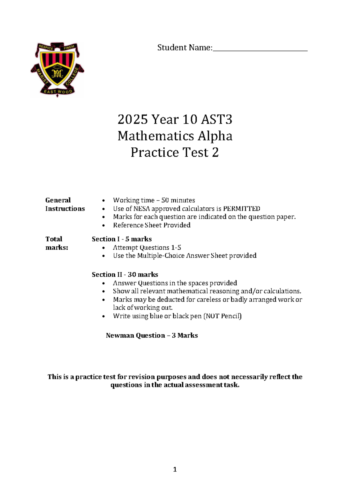2025 Year 10 MATA AST3 Mathematics Alpha Practice Test 2 - Studocu