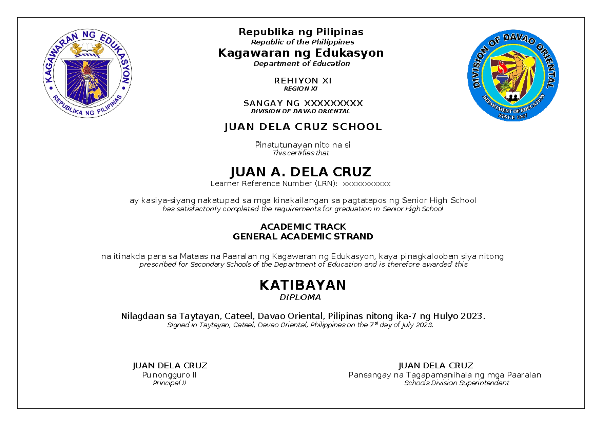 Senior High School Diploma Template (Philippines) - Studocu