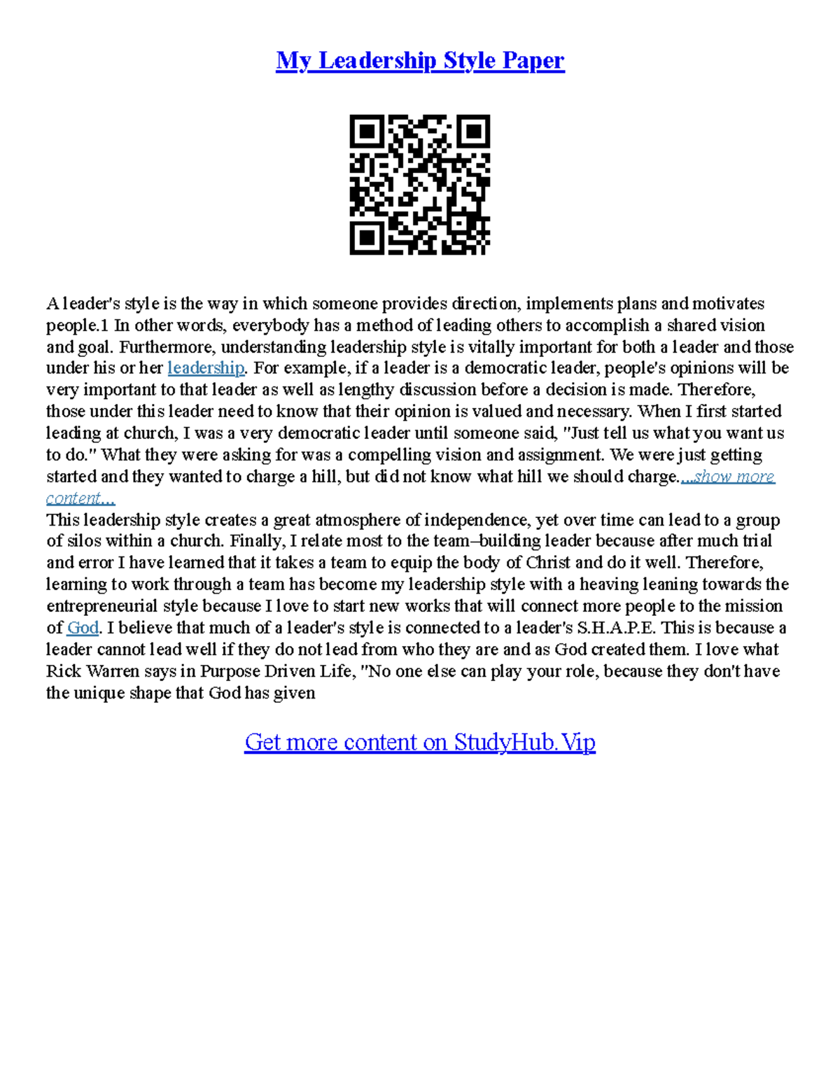 Leadership Style Analysis Essay: Understanding My Approach - Studocu