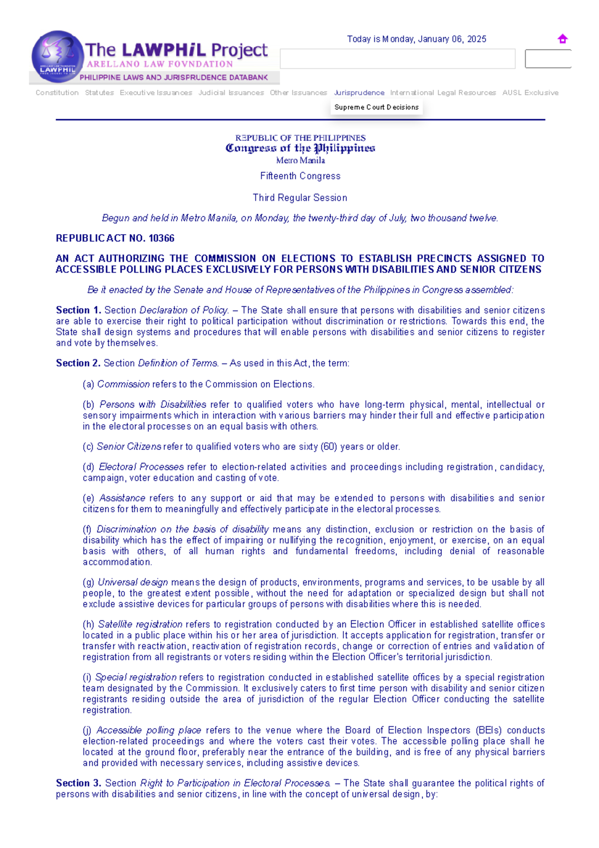 R.A. No. 10366 - An Act Authorizing the Comelec to Establish Precincts ...