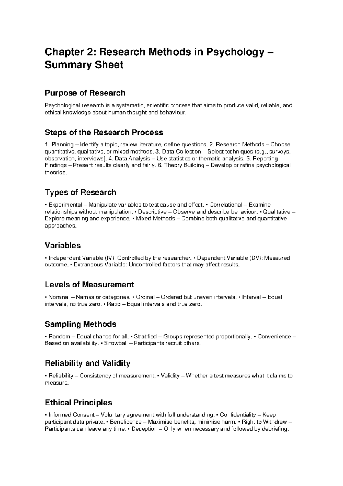 Chapter 2: Research Methods in Psychology Summary Sheet - Studocu