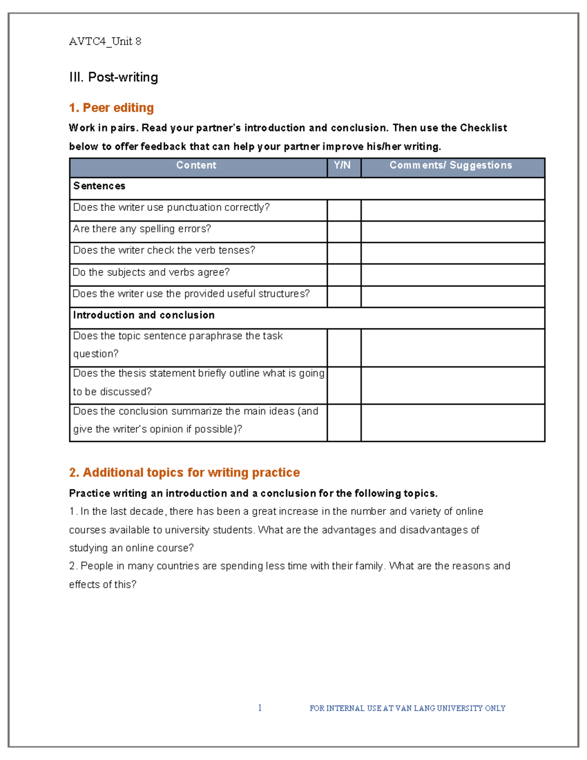 AVTC4 - UNIT 8 - Peer Editing for Introductory & Concluding Paragraphs ...