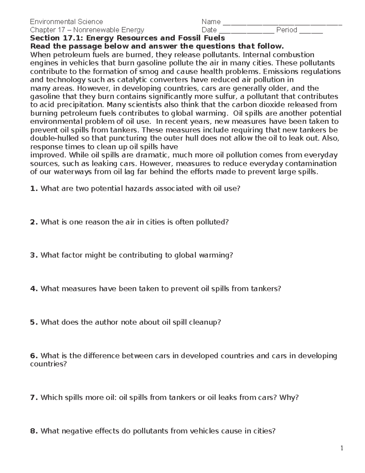 ES Chapter 17 Active Reading: Energy Resources & Fossil Fuels - Studocu