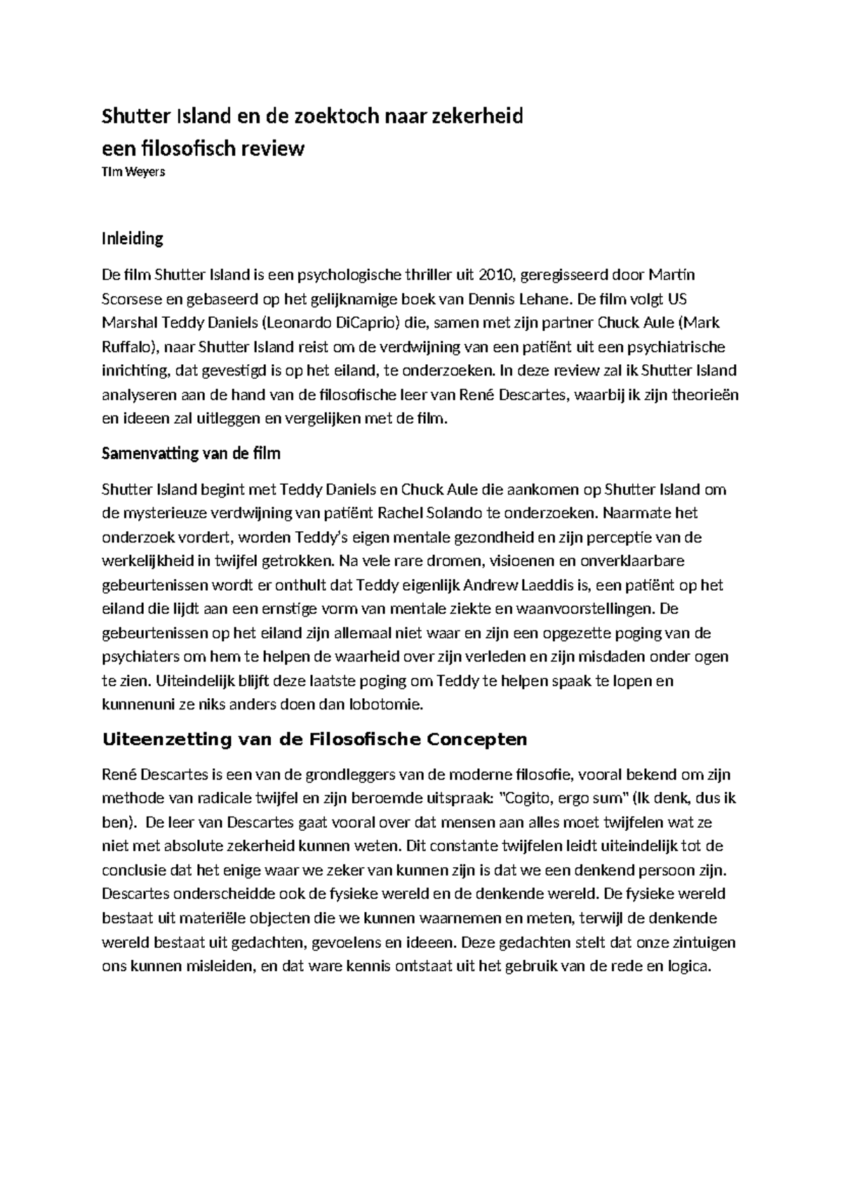 Filosofische Review van Shutter Island door Tim Weyers V4b - Studeersnel