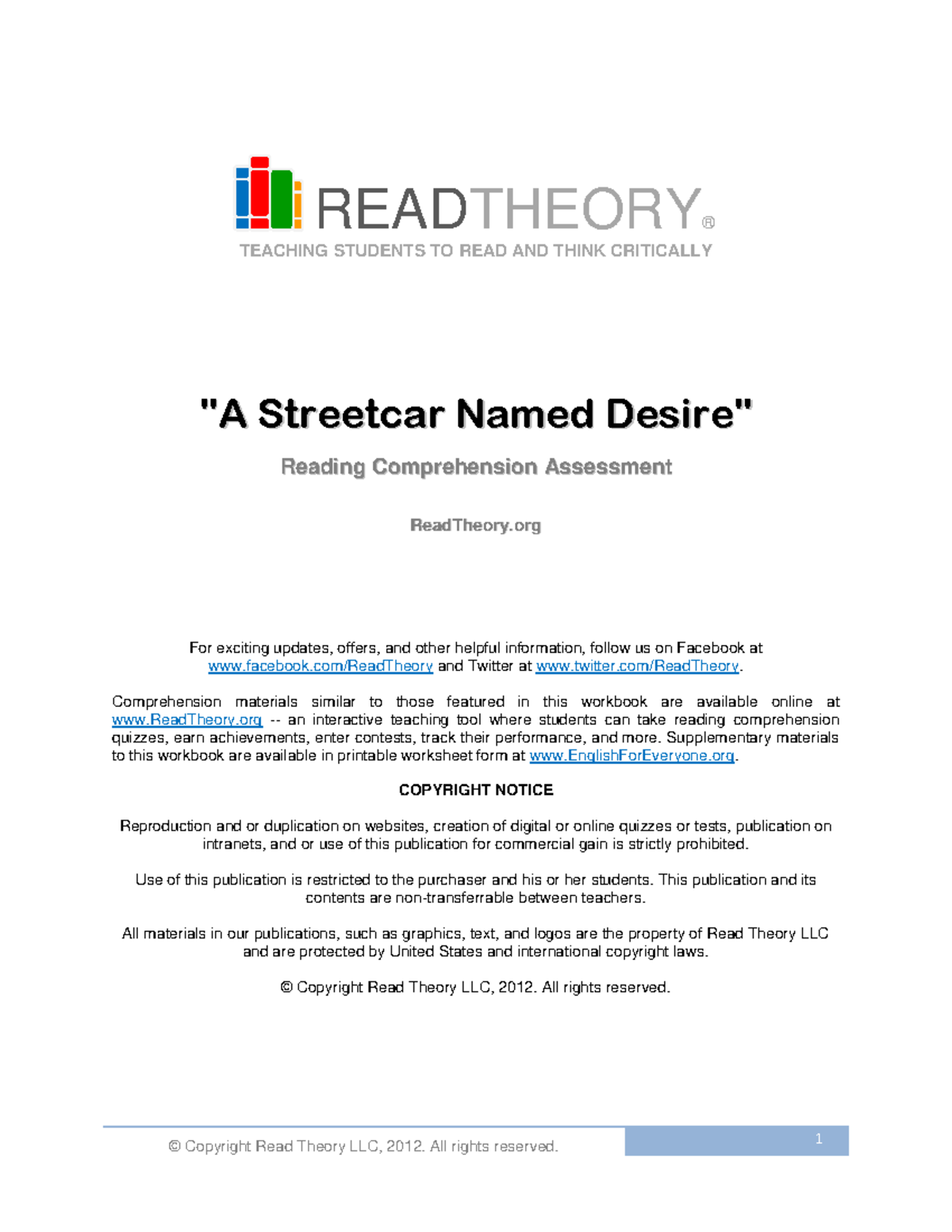 READTHEORY A Streetcar Named Desire Reading Comprehension Assessment ...