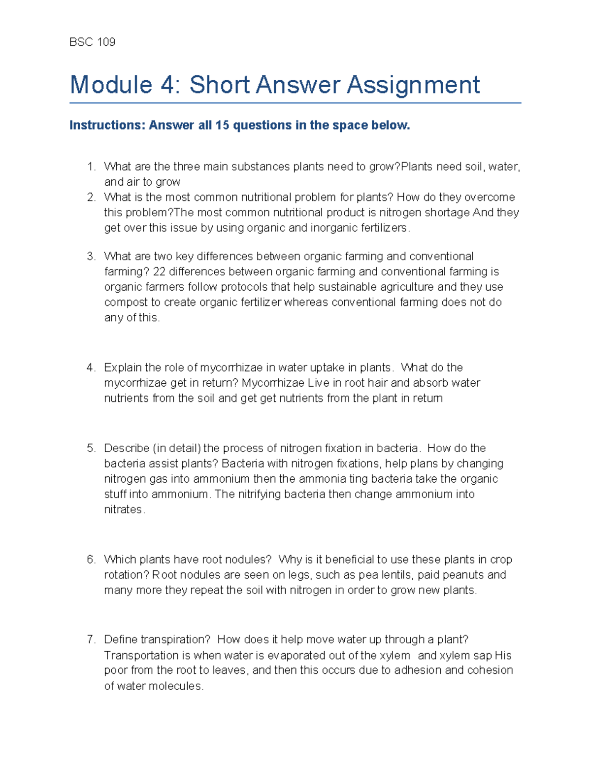 BSC 109 Module 4: Short Answer Assignment Responses - Studocu