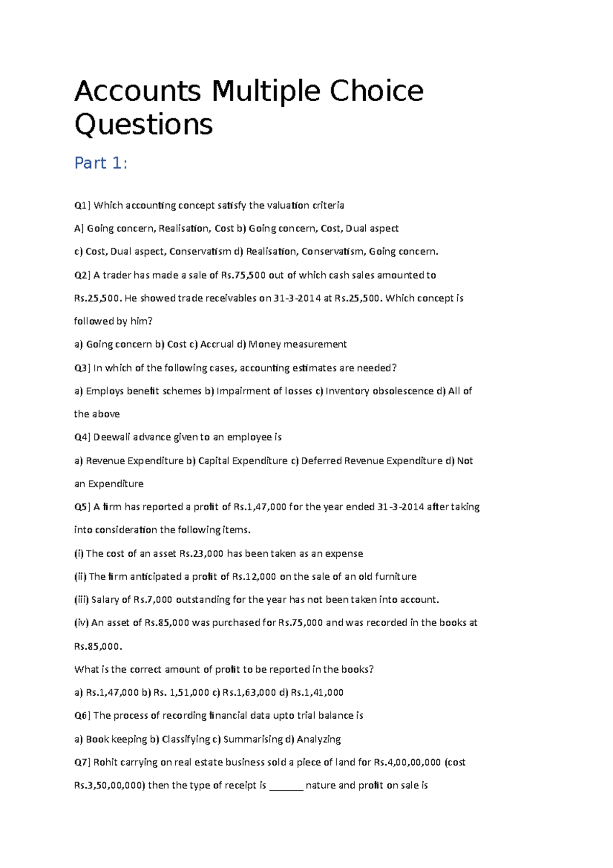 Accounts MCQ Set 1: Multiple Choice Questions and Answers - Studocu