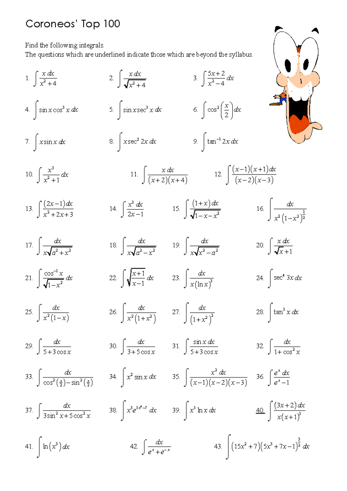 Coroneos' Top 100 Integration Questions for Calculus 101 - Studocu