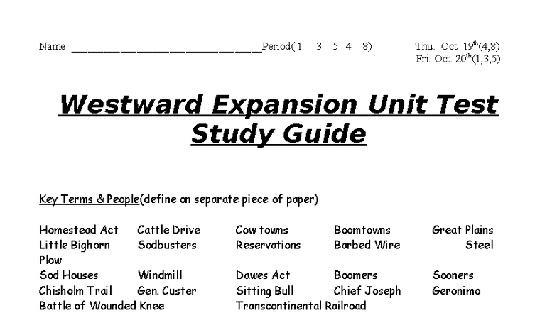KATZ Westward Expansion Unit Test Study Guide: Key Terms & Questions ...