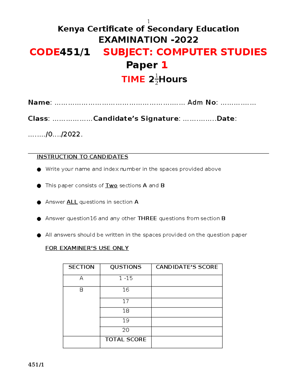 Computer Studies F3 Final Exam Paper 1 Questions - Studocu
