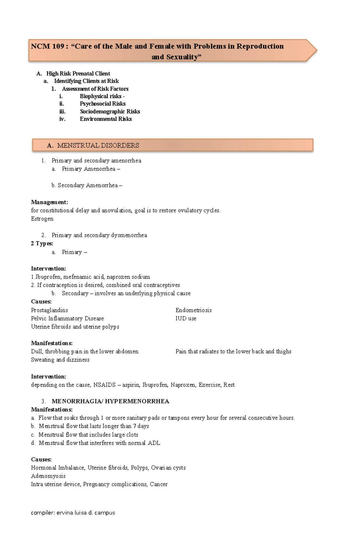 Lesson 9 - ncm 109 - NCM 109 : “Care of the Male and Female with Problems in Reproduction and ...