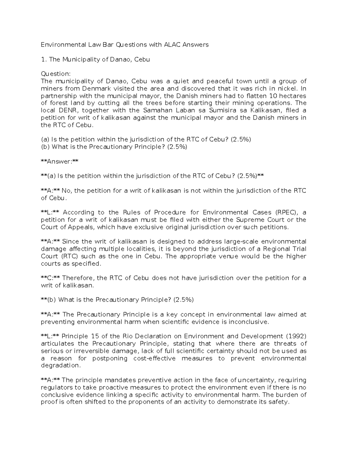 Environmental Law Bar Questions with ALAC Answers (4 Bar Qs) - Studocu