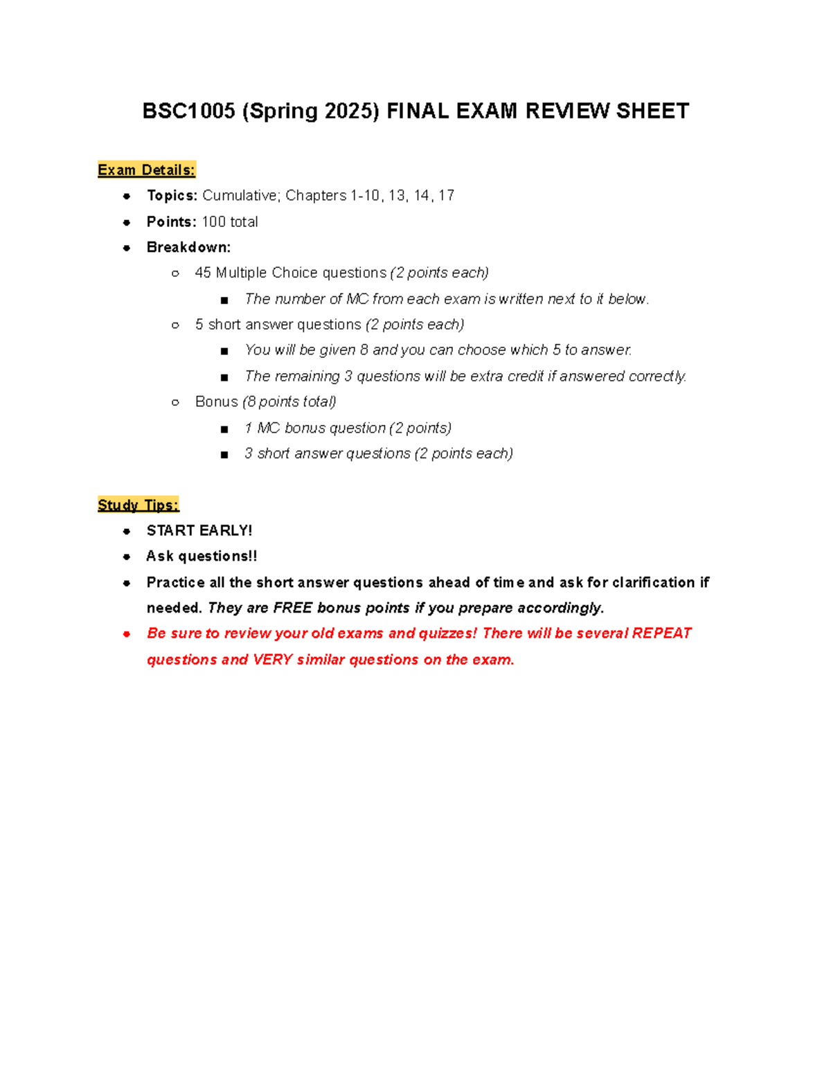BSC1005 Final Exam Review Sheet - Spring 2025: Key Topics & Tips - Studocu