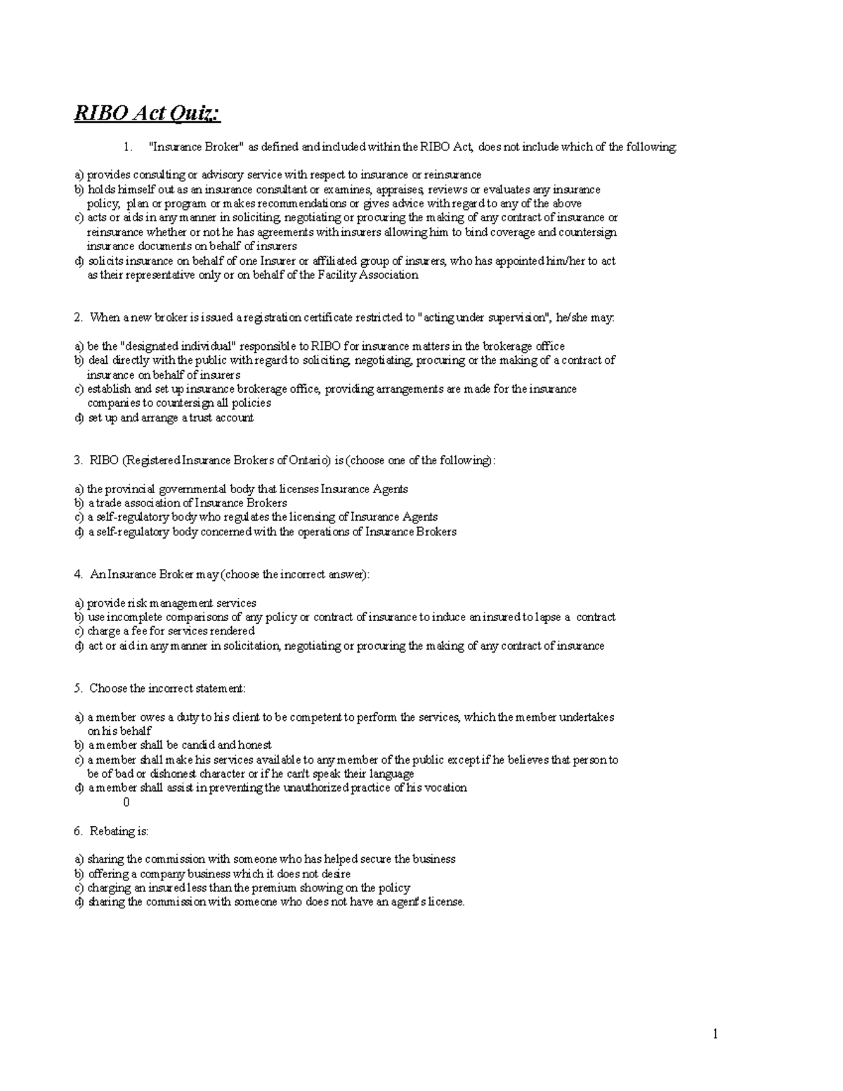 RIBO License Exam Mock Quiz: Key Topics and Answers - Studocu