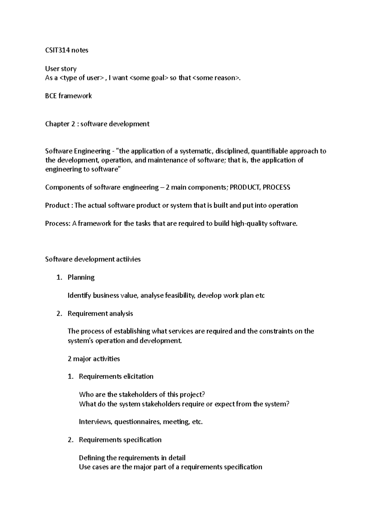 CSIT314 Midterm Notes: Software Engineering Concepts and Models - Studocu