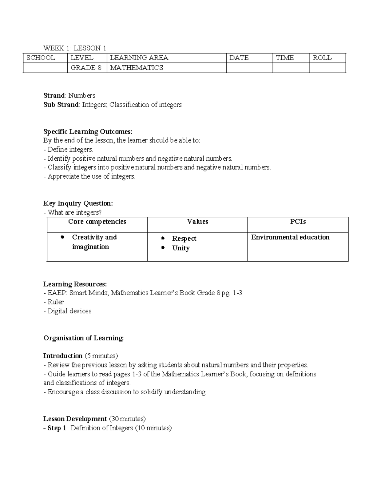 WEEK 1: GRADE 8 MATHEMATICS LESSON PLANS (17213) - Studocu