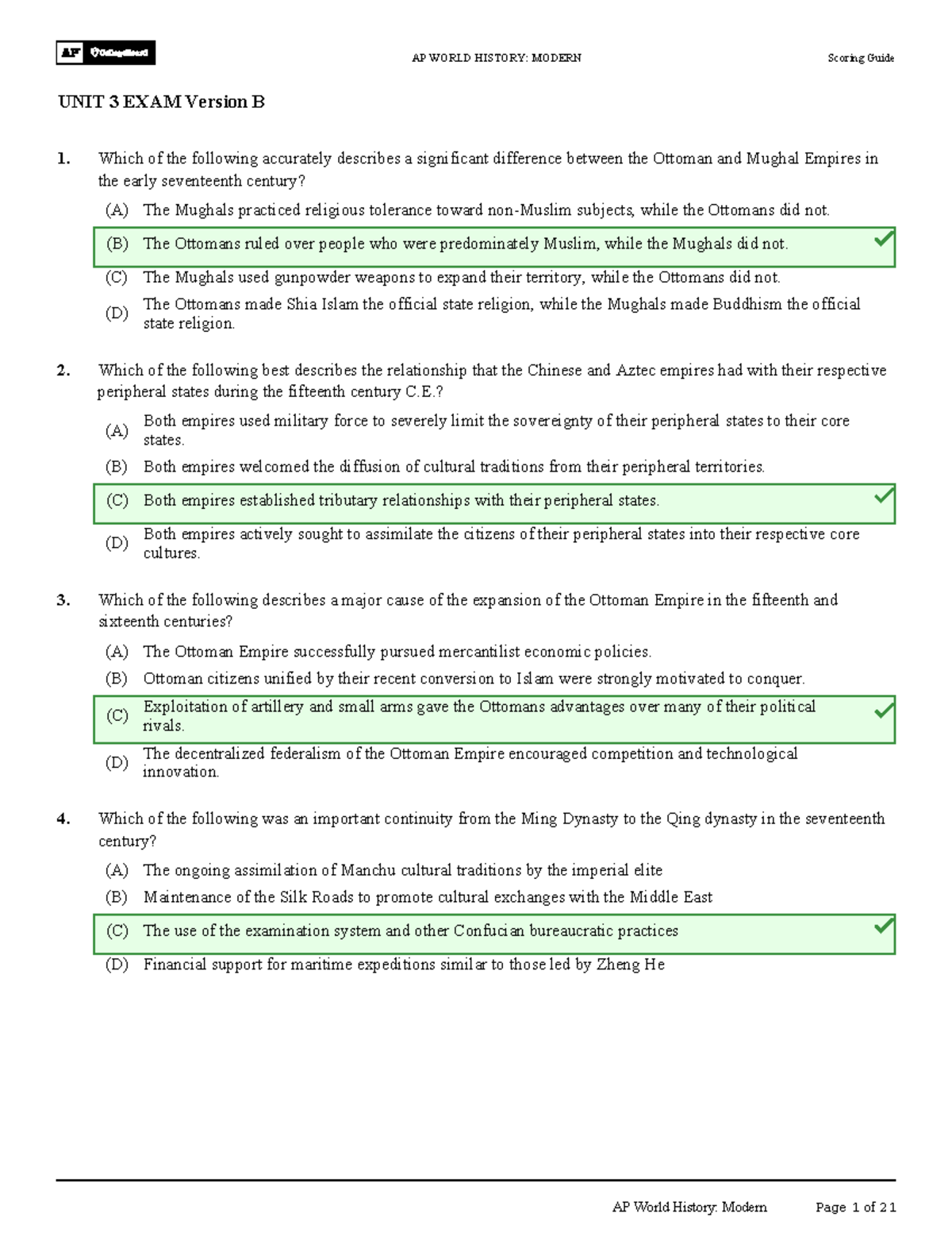 AP WORLD HISTORY: MODERN Unit 3 Exam Scoring Guide Version B - Studocu