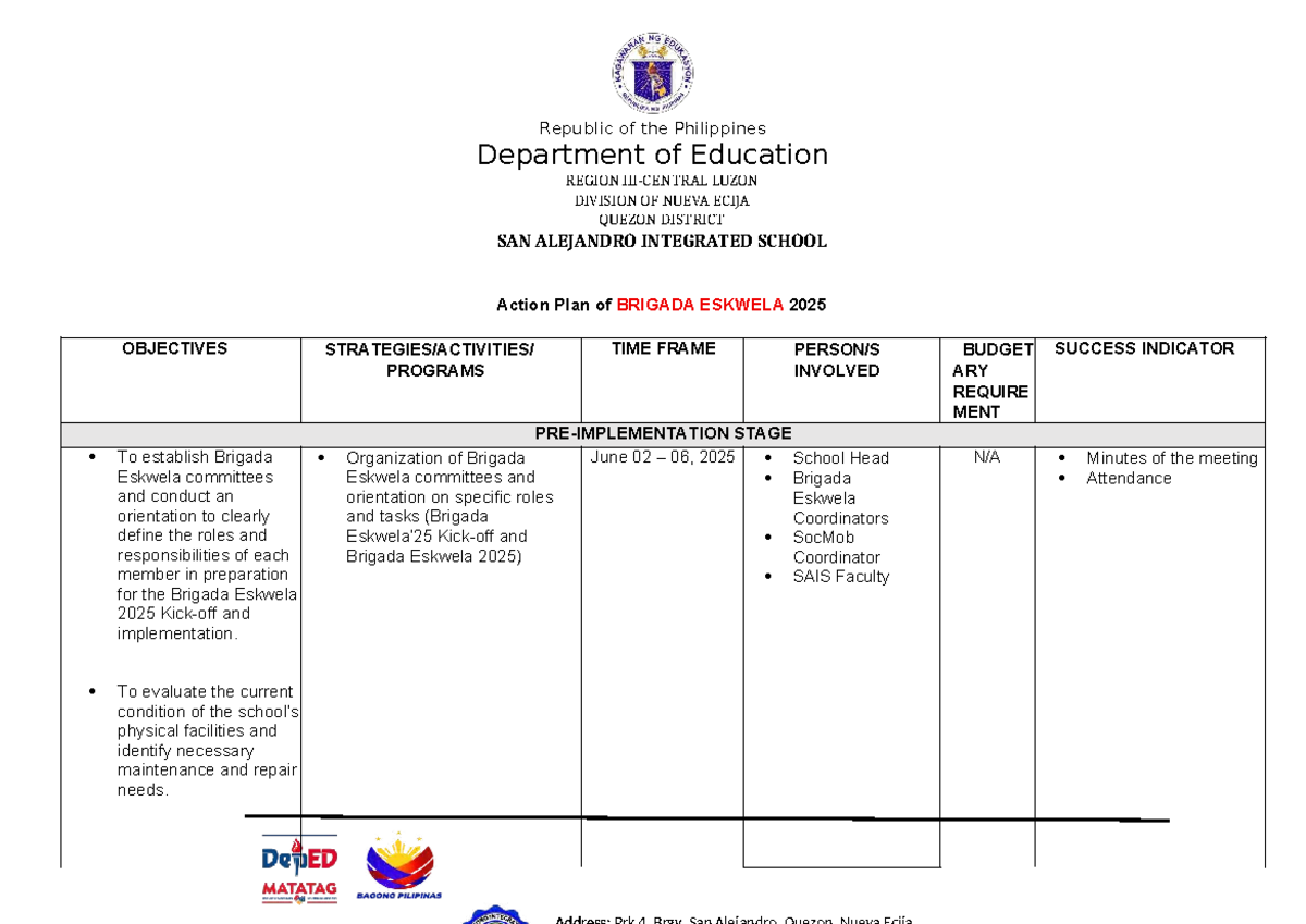 SAIS Brigada Eskwela Action Plan 2025-2026: Objectives & Implementation - Studocu