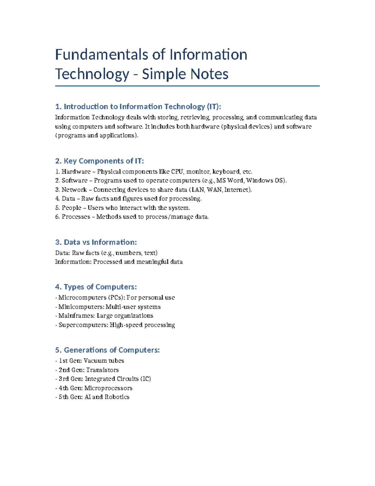 IT 101: Fundamentals of Information Technology Simple Notes - Studocu