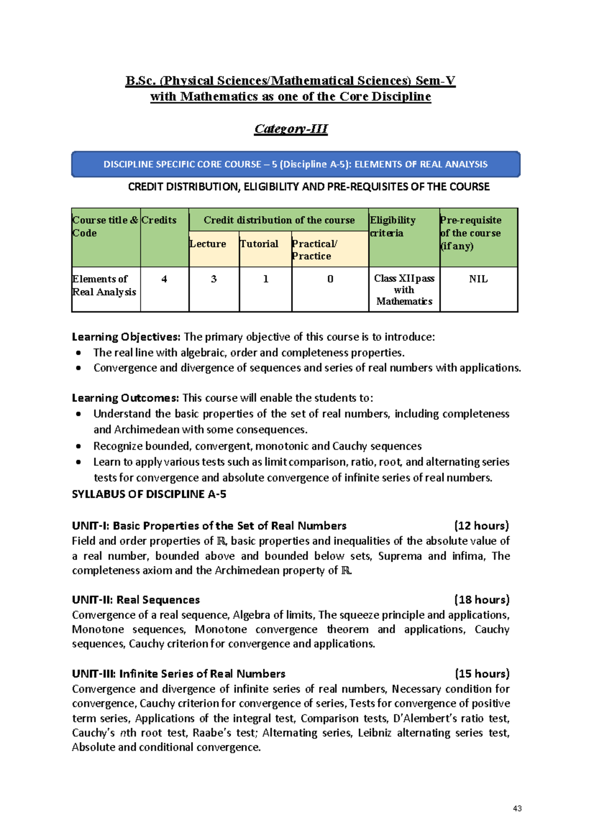 B.Sc. (Physical Sciences) Sem 5: Elements of Real Analysis Syllabus ...