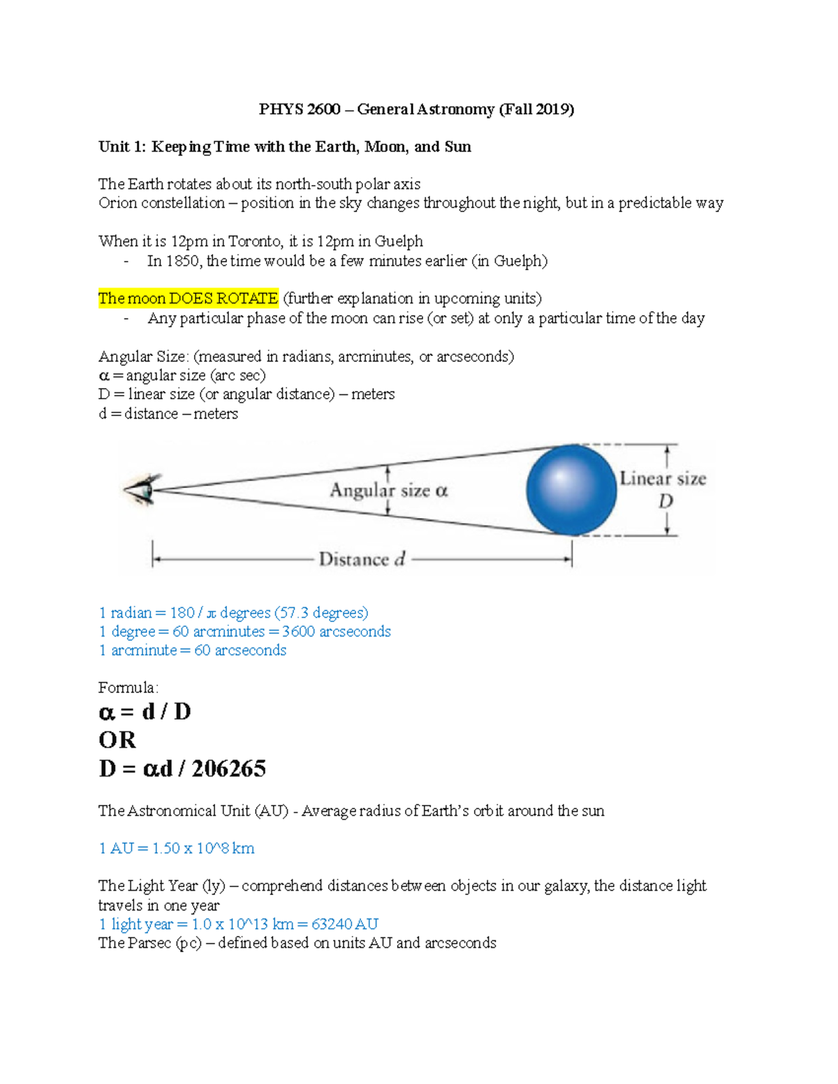 PHYS 2600 - Units 1-5 - PHYS 2600 – General Astronomy (Fall 2019) Unit ...