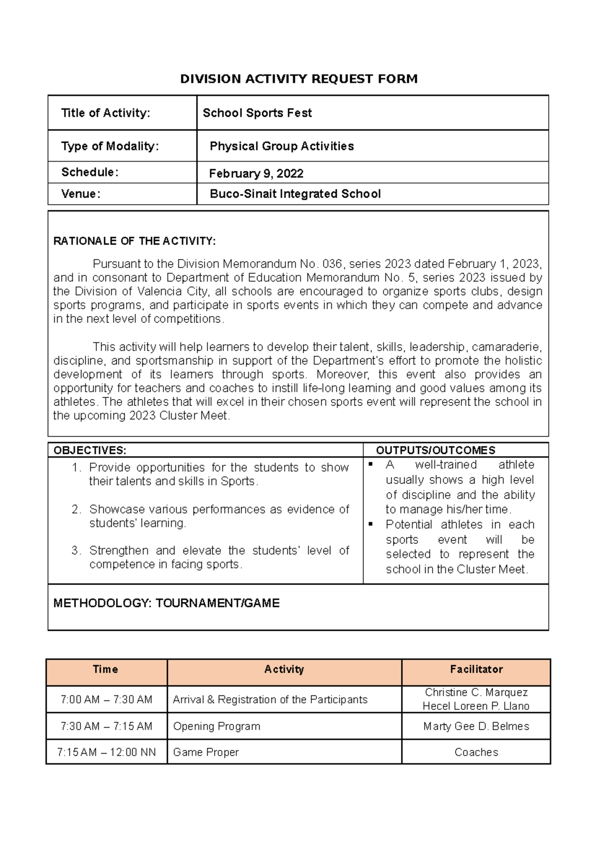 School Sports Fest Activity Request Form - February 2023 - Studocu
