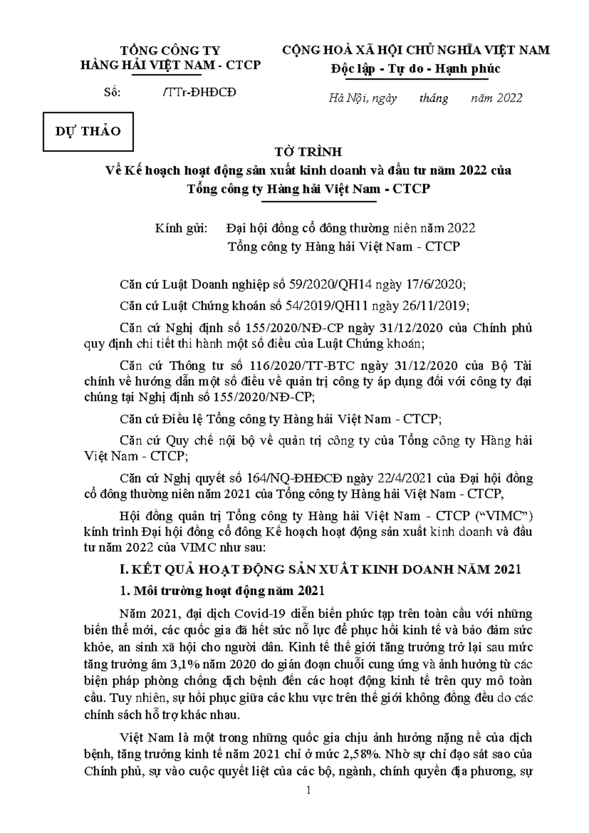 Kế Hoạch Hoạt Động Sản Xuất Kinh Doanh Năm 2022 của VIMC - Studocu