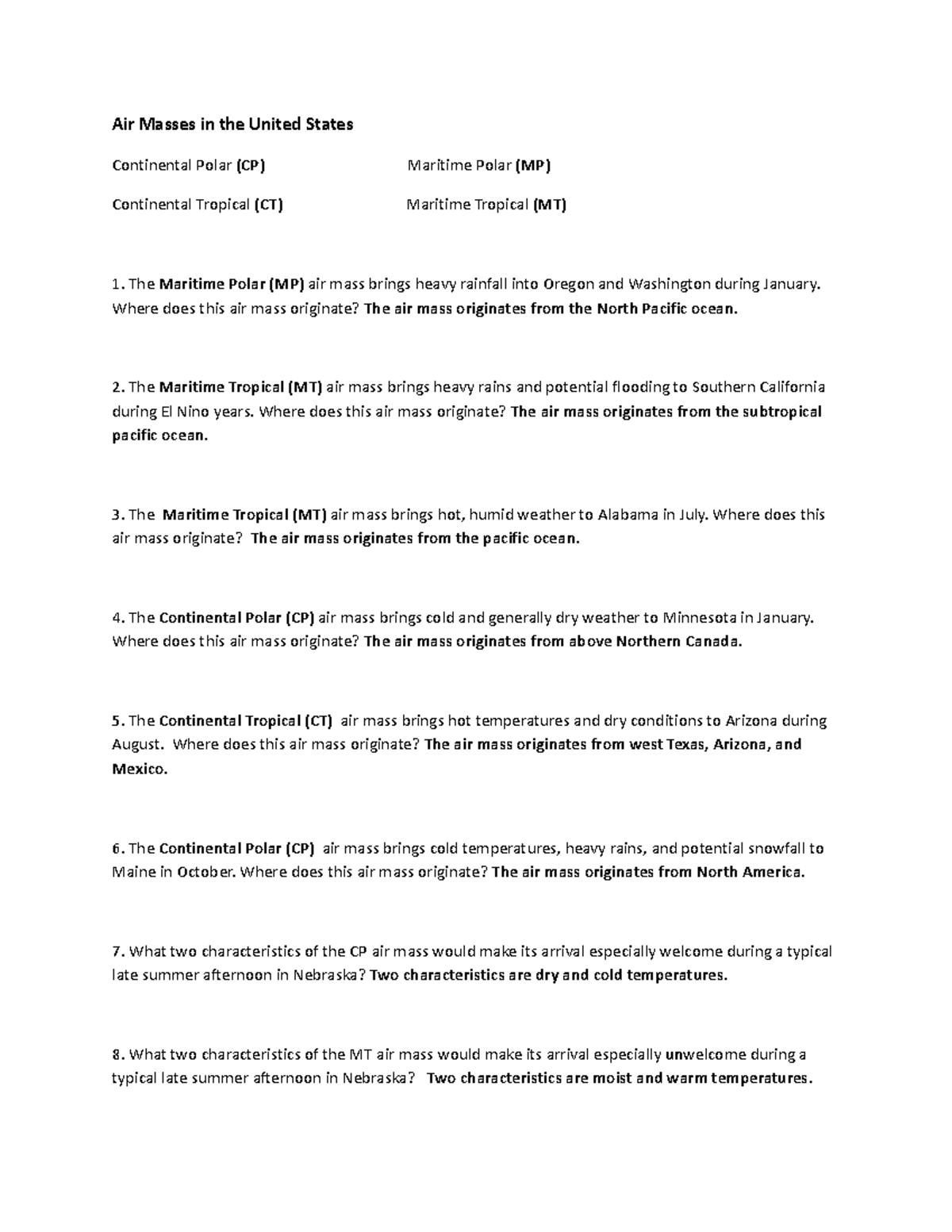 Air Masses Lab - Air Masses in the United States Continental Polar (CP ...