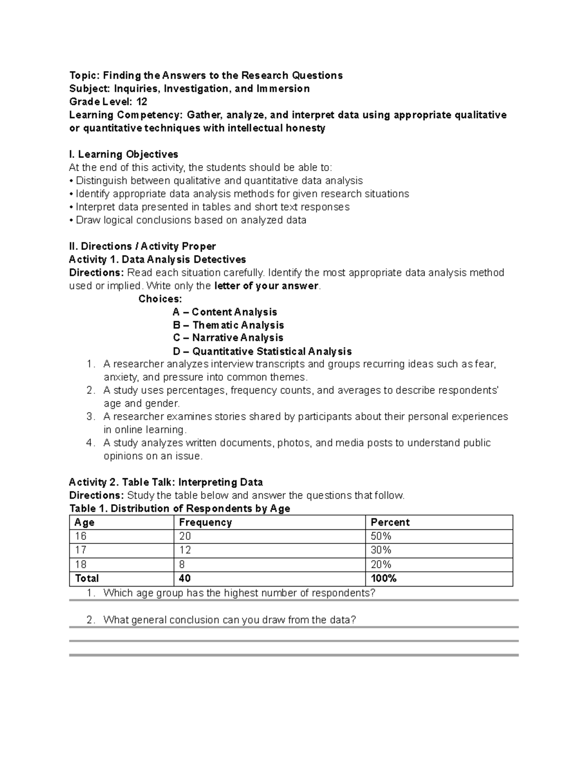 Finding Answers: Data Analysis Techniques (Grade 12) - Studocu