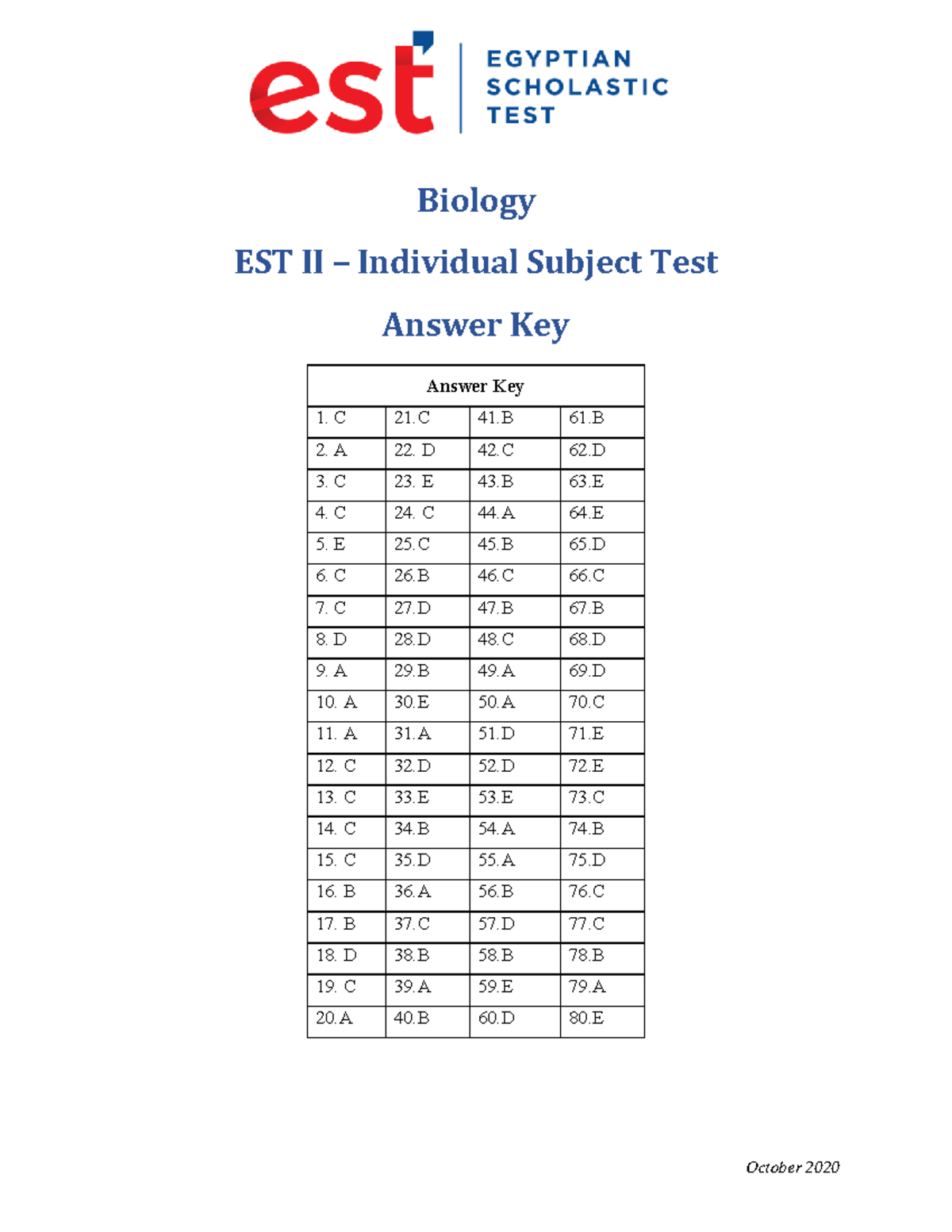 Biology EST II Individual Subject Test Answer Key - Oct 2020 - Studocu