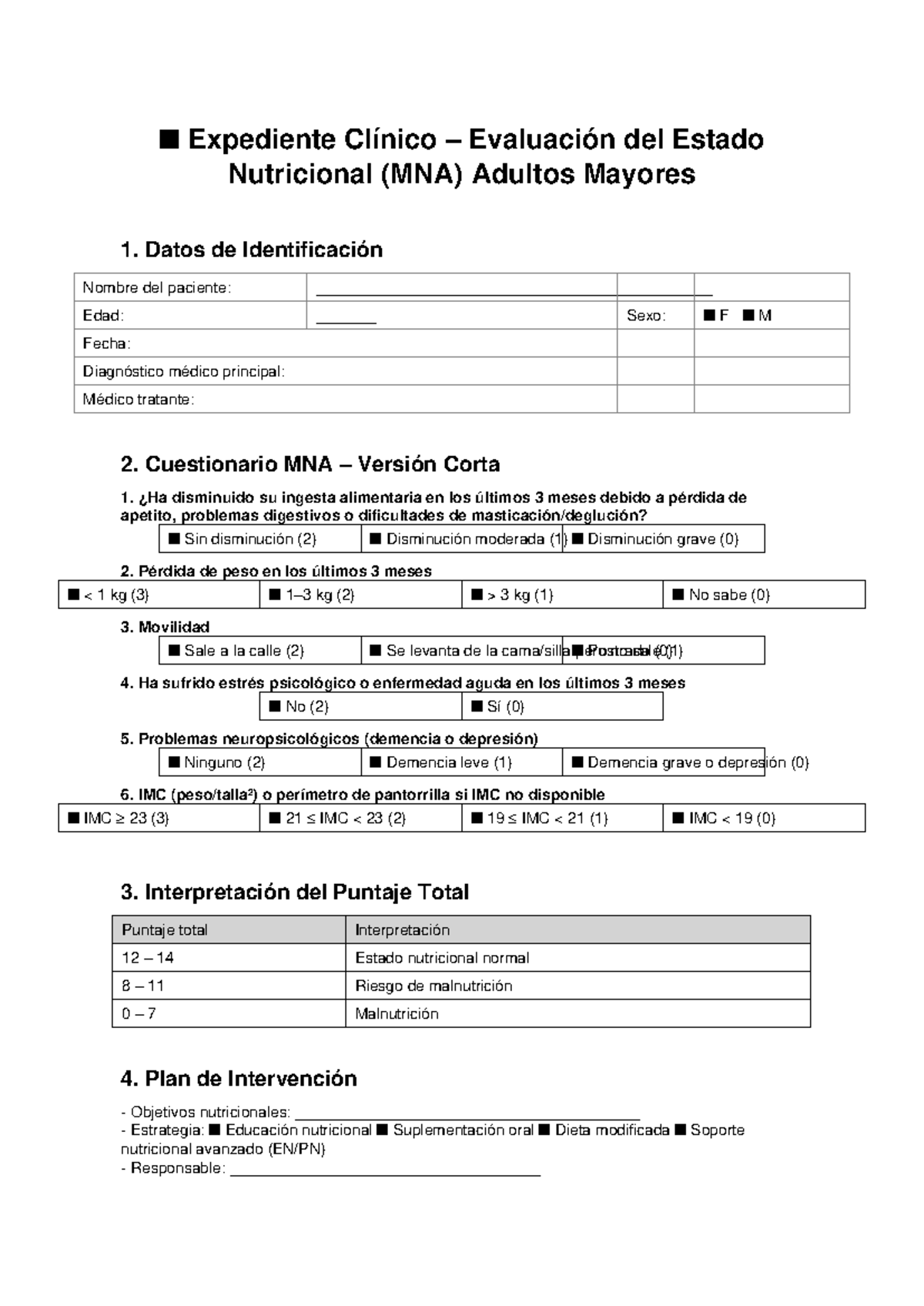 Evaluación Nutricional MNA en Adultos Mayores - Formato Clínico - Studocu