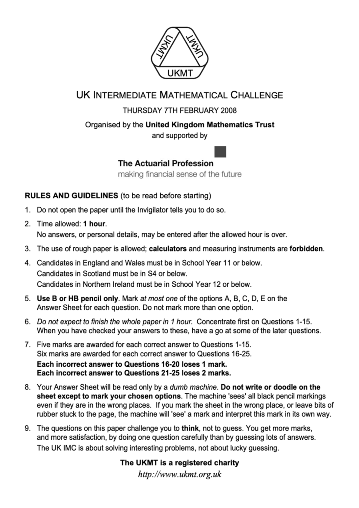 2008 UKMT Intermediate Maths Challenge Guidelines and Questions - Studocu