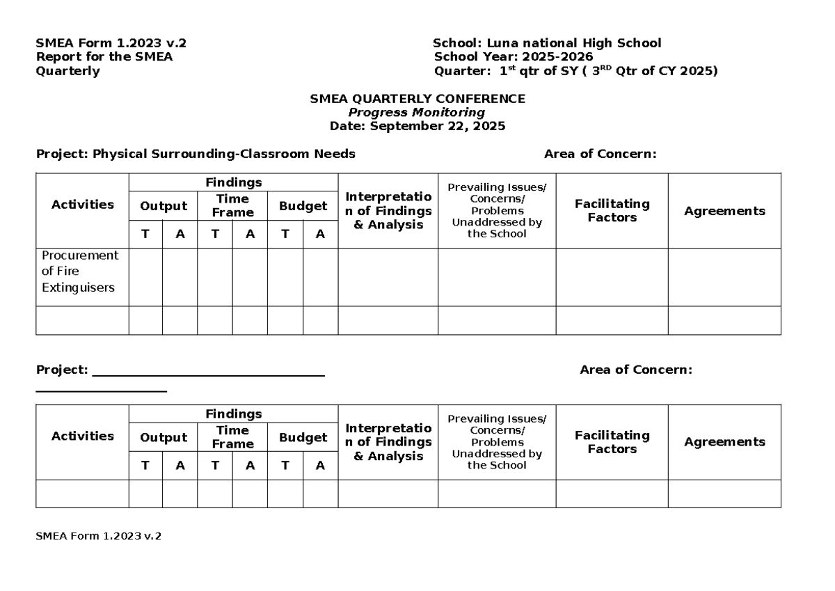 SMEA Form 1.2023 v.2 Quarterly Report for Luna National High School ...